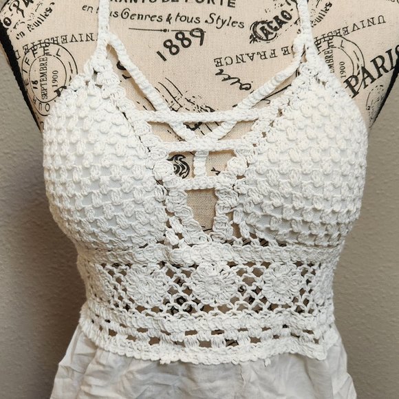 Tops | White Crochet Cutout Lace Panel Backless Halter Top New | Poshmark
